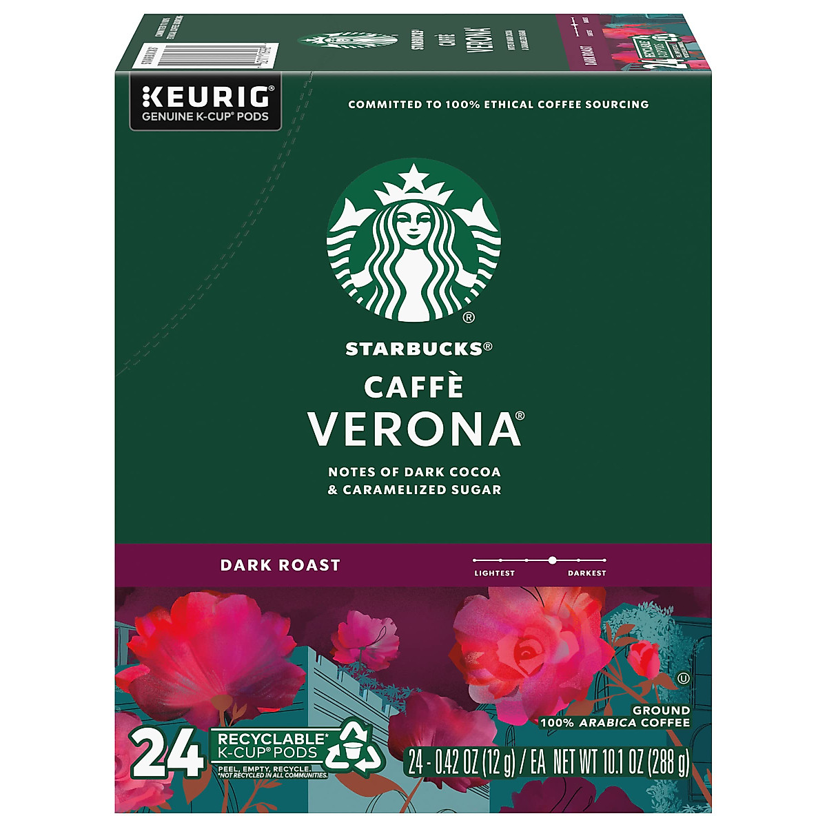 Starbucks Coffee K-Cup Pods, Caffè Verona, Dark Roast Coffee, Notes of Dark Cocoa & Caramelized Sugar, Keurig Genuine K-Cup Pods, 24 CT K-Cups/Box (Pack of 2 Boxes)