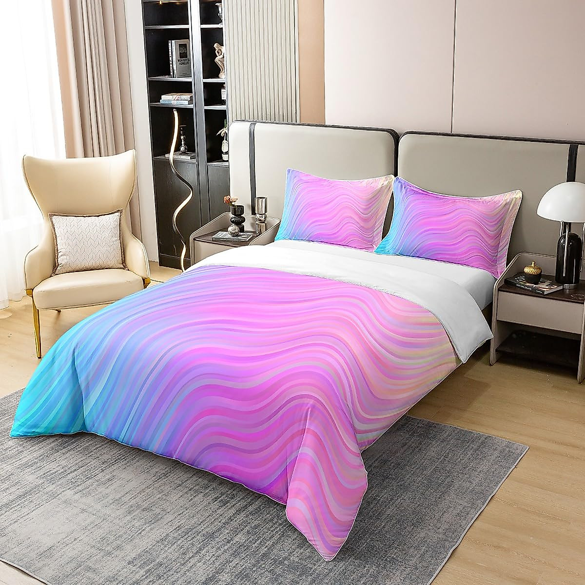 Erosebridal 100% Organic Cotton Rainbow Comforter Cover, Girls Bright Iridescent Striped Inspired Curved Lines Gradient Tie Dye Effect Hippie Comfy Bedding Set, Full Size, Teal Pink