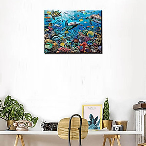 Sea Turtle Diamond Painting DIY 5D, Underwater Fish Numbering Kit, Angelfish Artwork Coral Reef Wall Art Aquarium Crystal Rhinestone Embroidery Picture Home Decor Adults Ocean Gift(12''Wx 16''H)
