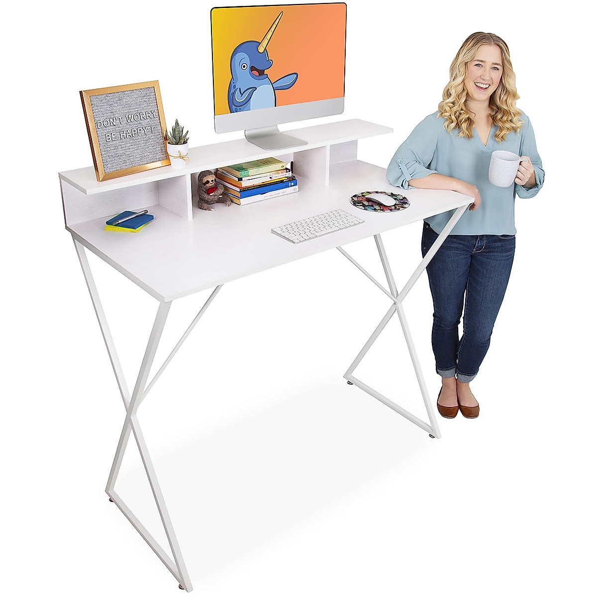 Stand Steady Joy Standing Desk | Pretty Standing Desk with Shelf & Built-in Storage Cubbies | Modern Stand Up Workstation | Tall Desk & Reception Table for Home, Dorm & Office (White / 48in x 42in)