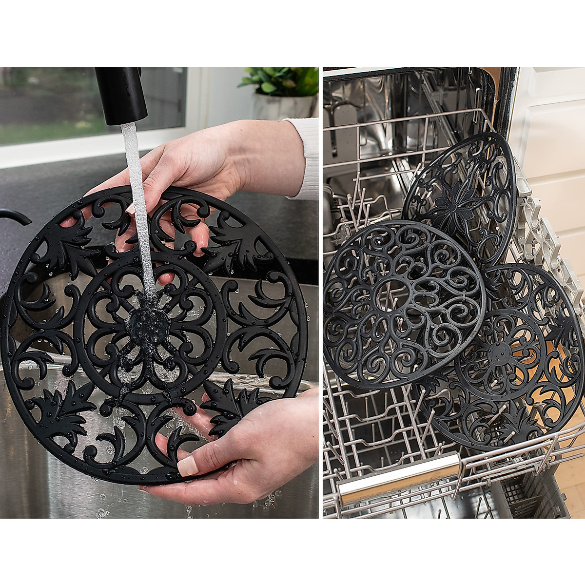 gasaré, Extra Large, Thick, 10" Silicone Trivets for Hot Dishes, Pots, and Pans, Hot Pads for Countertops, Dishwasher Safe, 10 x 1/4 Inches, Set of 3, Black