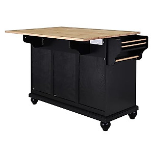 Rolling Kitchen Island Cart with 5 Universal Wheels and 5 Solid Wood Cabinet Feet,Greenguard Gold Certified,Kitchen Island with Rubberwood Drop Leaf-Mobile Kitchen Island with Storage and Drawer,Black
