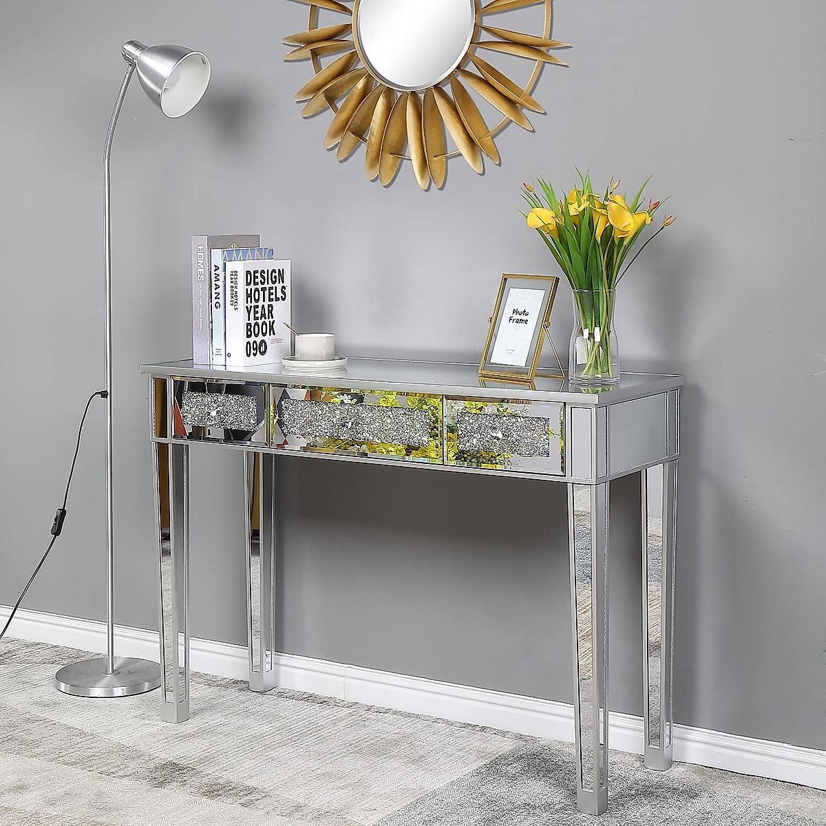 Karl home Mirrored Desk with 3 Drawers Silver Console Table Mirror Sofa Table with Crystal Inlay Front for Living Room, Entryway, Foyer, 42 Inch