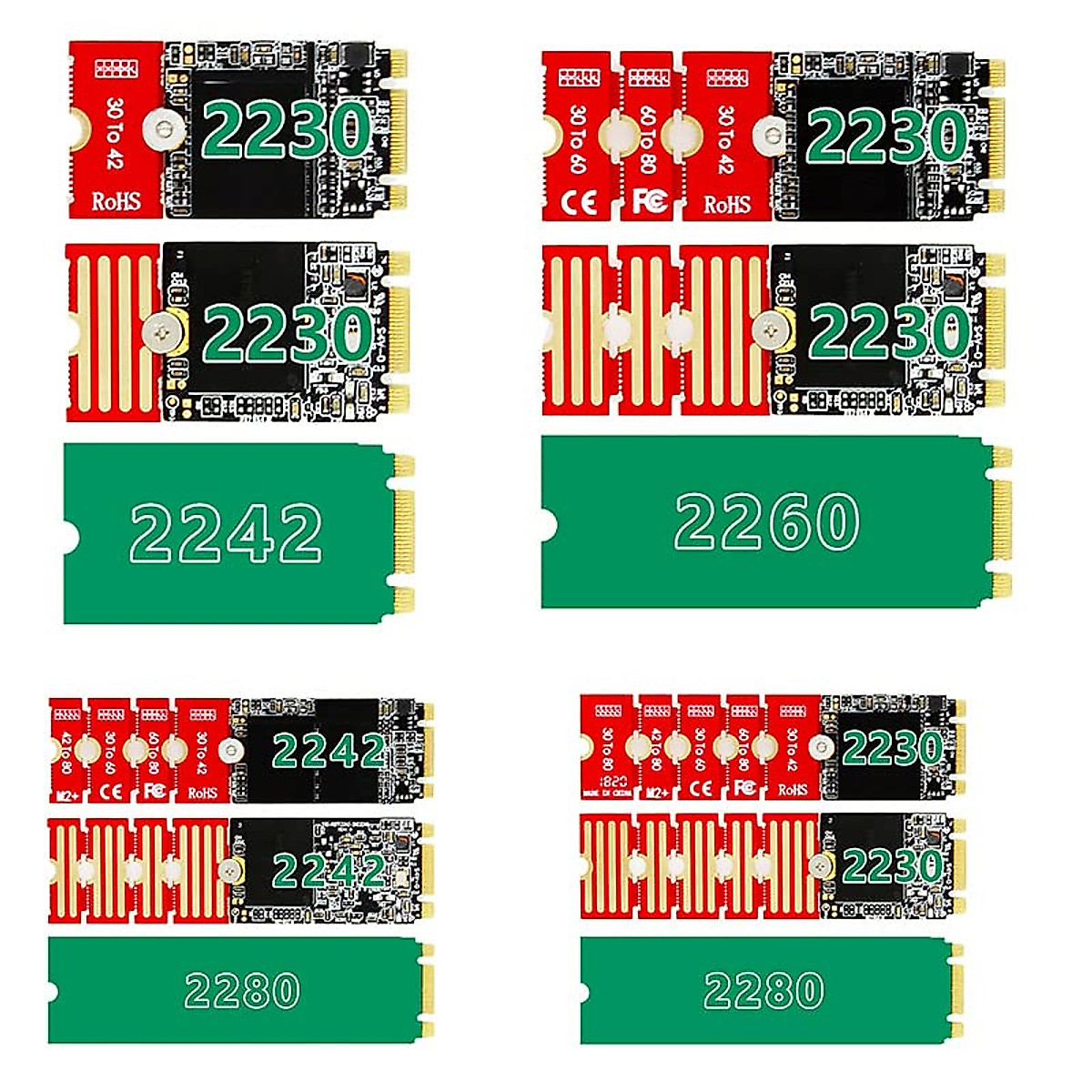 Acxico 2 Pcs M.2 NGFF NVMe SSD 2230 2242 2260 2280 Length Extend Adapter Bracket Card Plate