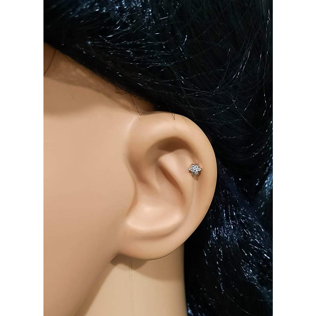 Demira Jewels Natural Diamond 14K White Gold Flower Nose Pin, Lip Labret, and Monroe Ring Stud Screw - 8mm Long, 16 Gauge Post