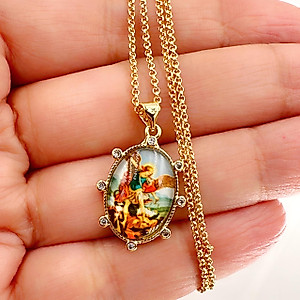 LESLIE BOULES St Michael The Archangel Pendant Necklace 18K Gold Plated Chain 18 Inches Length