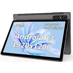 aiprotablet Android 13 Tablet 10.5 inch Tablets, 1920x1200 FHD IPS Display, 4G Cellular Tablet with 8GB RAM 64GB ROM 1TB Expand, Octa-Core Processor, 6000mAh, 8MP+13MP Camera, Face