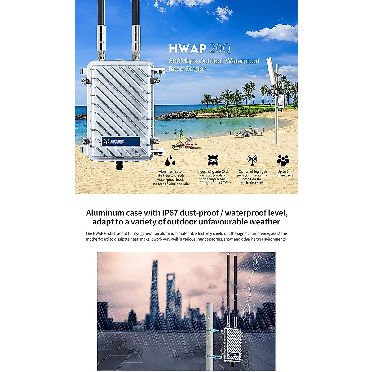 KuWFi Outdoor WiFi Access Point, High Performance 2.4G 300Mbps Waterproof Outdoor Base Station with 2 Antennas Support Wireless AP/WiFi Repeater