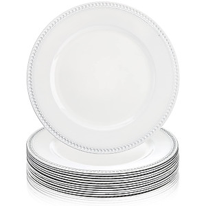 Okllen 12 Pack Plastic Round Charger Plates, 13" Dinner Chargers Decorative Plates with Beaded Rim, Embossed Charger Serving Plates for Wedding, Catering Event, Tabletop Decor, White