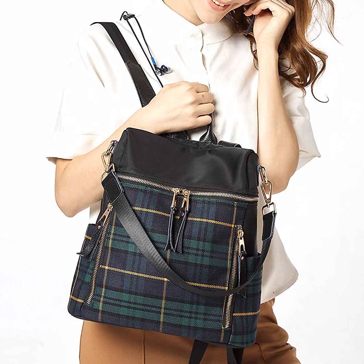 Mn&Sue Plaid Backpack Purse for Women Fashion Casual Daypack Dual-use Travel Shoulder Bag Nylon Rucksack (Green Plaid) One_Size