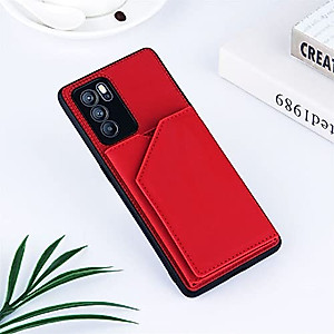 SATURCASE Case for Oppo Reno 6 Pro 5G, PU Leather Soft Silicone TPU Anti-Drop Foldable Kickstand Card Slots Metal Buttons Protective Back Cover for Oppo Reno 6 Pro 5G (Red)