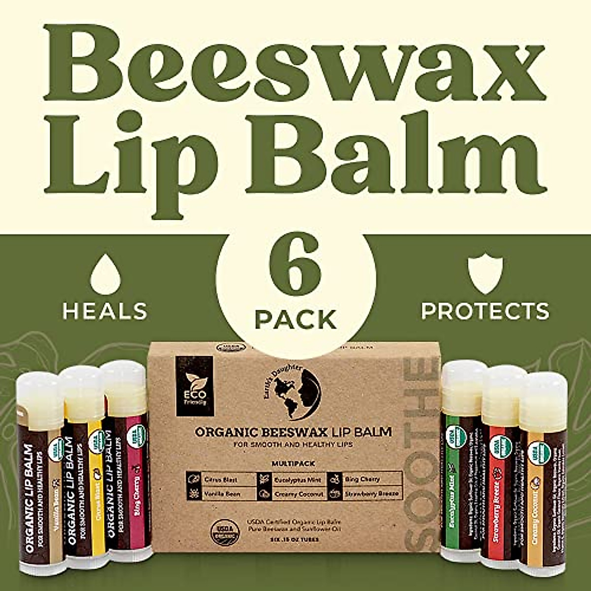 USDA Organic Lip Balm 6-Pack by Earth's Daughter - Fruit Flavors, Beeswax, Coconut Oil, Vitamin E - Best Lip Repair Chapstick for Dry Cracked Lips - Moisturizing Lip Care For Kids And Adults
