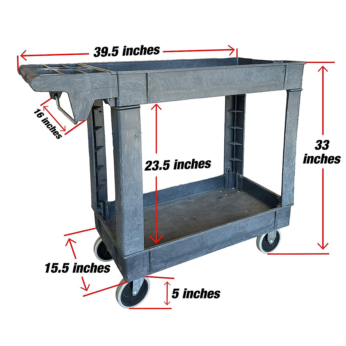 Lauco Heavy Duty Polypropylene Utility Cart - ﻿16 in x 33 in - Industrial Cart with Full Swivel Wheels Safely Holds up to 550 lbs - Multipurpose 2 Tier Service Cart for Warehouse, Garage, Cleaning