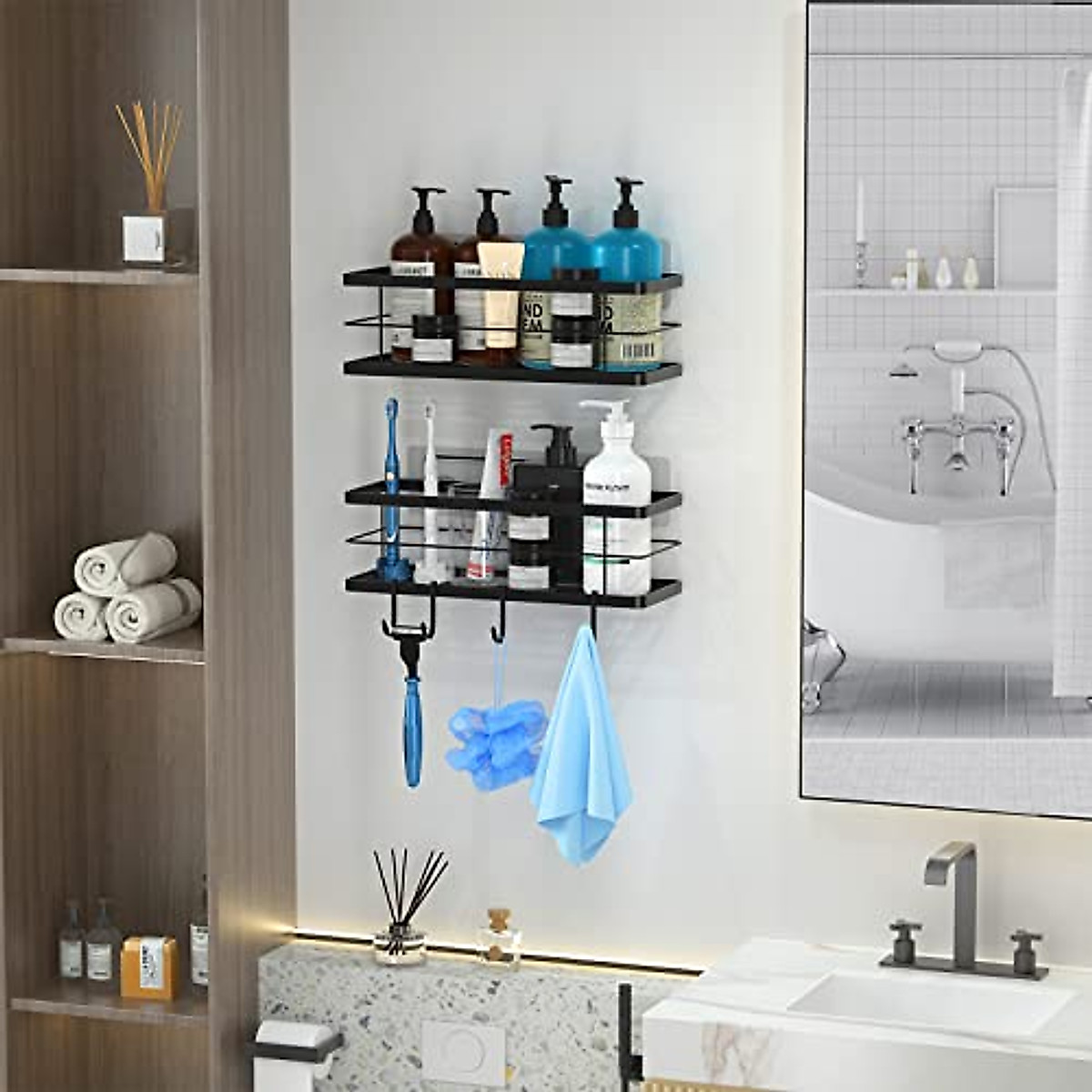Large Shower Caddy Basket Shelf, 2 Pack, Bathroom Storage Organizer with 4 Hooks, Adhesive No Drilling Wall Mounted Shower Rack, Rustproof SUS304 Stainless Steel Shower Organizer for Kitchen - Black