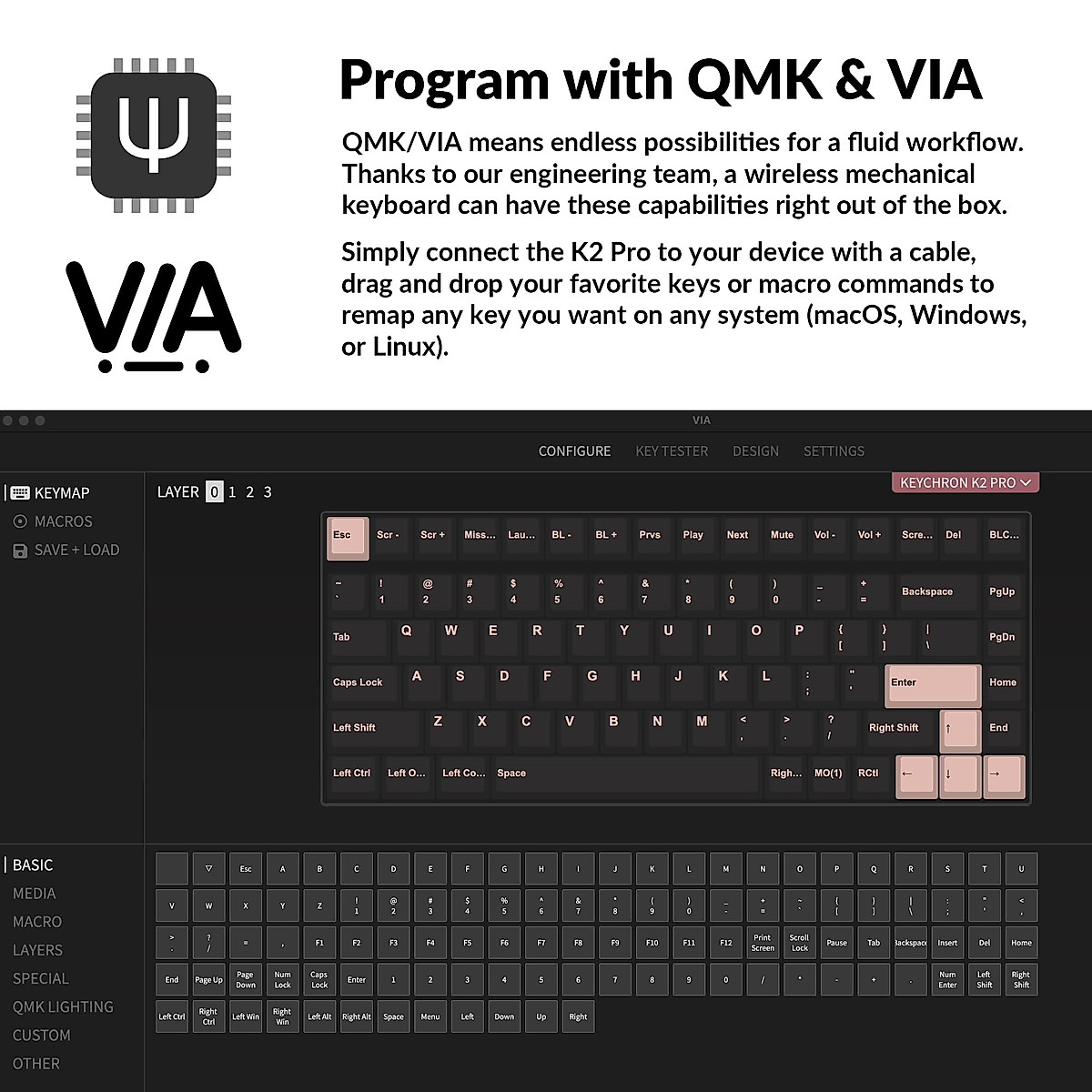 Keychron K2 Pro QMK/VIA Wireless Mechanical Keyboard, Custom Programmable Macro Wired Keyboard with Hot-Swappable K Pro Brown Switch White LED Backlight PBT Keycaps for Mac Windows Linux