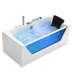 Empava 59 in. Acrylic Alcove Whirlpool Bathtub - Hydromassage Rectangular Jetted Soaking Tub with Center Drain - Waterfall Faucet