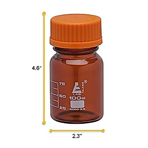 EISCO Reagent Bottle, 100ml - Amber Colored Glass - Orange Screw Cap, Drip Free Pouring Ring - White Graduations - Borosilicate 3.3 Glass
