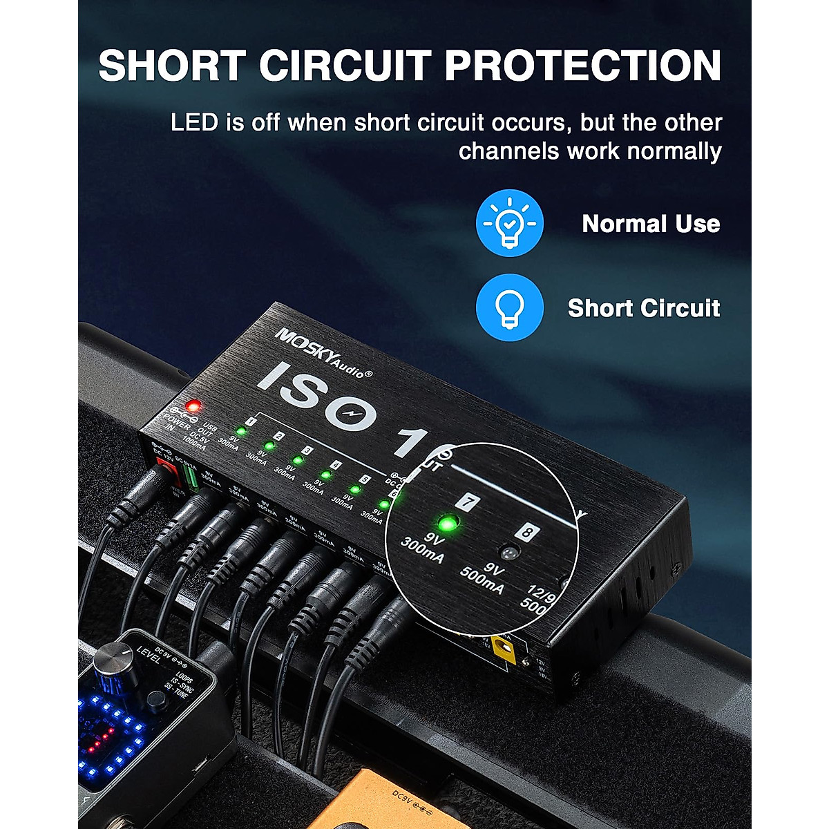 Mosky Guitar Pedal Power Supply 10 Isolated DC Output, 9V 12V 18V 300mA 500mA Effect Pedal Boards Power Supply with USB Port, Short Circuit Overcurrent Protection