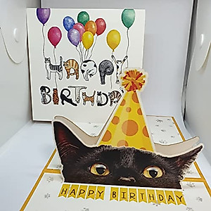 Crazytops Black Cat Birthday Card, 3D Birthday Card, Happy Birthday Pop Up Card with Envelope Postcards for Cat Lovers, Birthday Pop Up Card