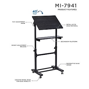 Mount-It! Mobile Stand Up Desk, Portable Podium and Presentation Lectern Height-Adjustable Multi-Purpose Standing Workstation,Black.
