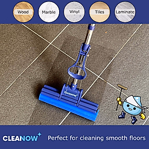 Cleanow OneTouch GO! Floor Cleaner - Floor Mop with Wringing Function - Sponge Mop for Cleaning Floors - PVA Sponge and Stainless Steel Handle