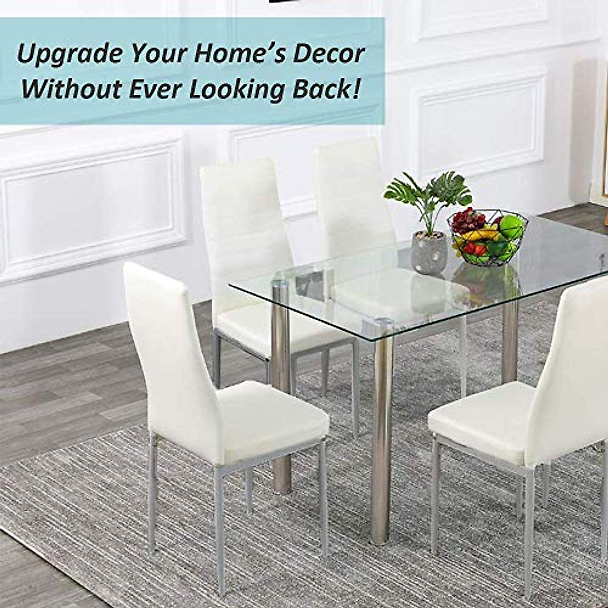 JOYBASE 5 Piece Dining Table Set, Tempered Glass Top Table with 4 Leather Chairs, for Kitchen Dining Room, White