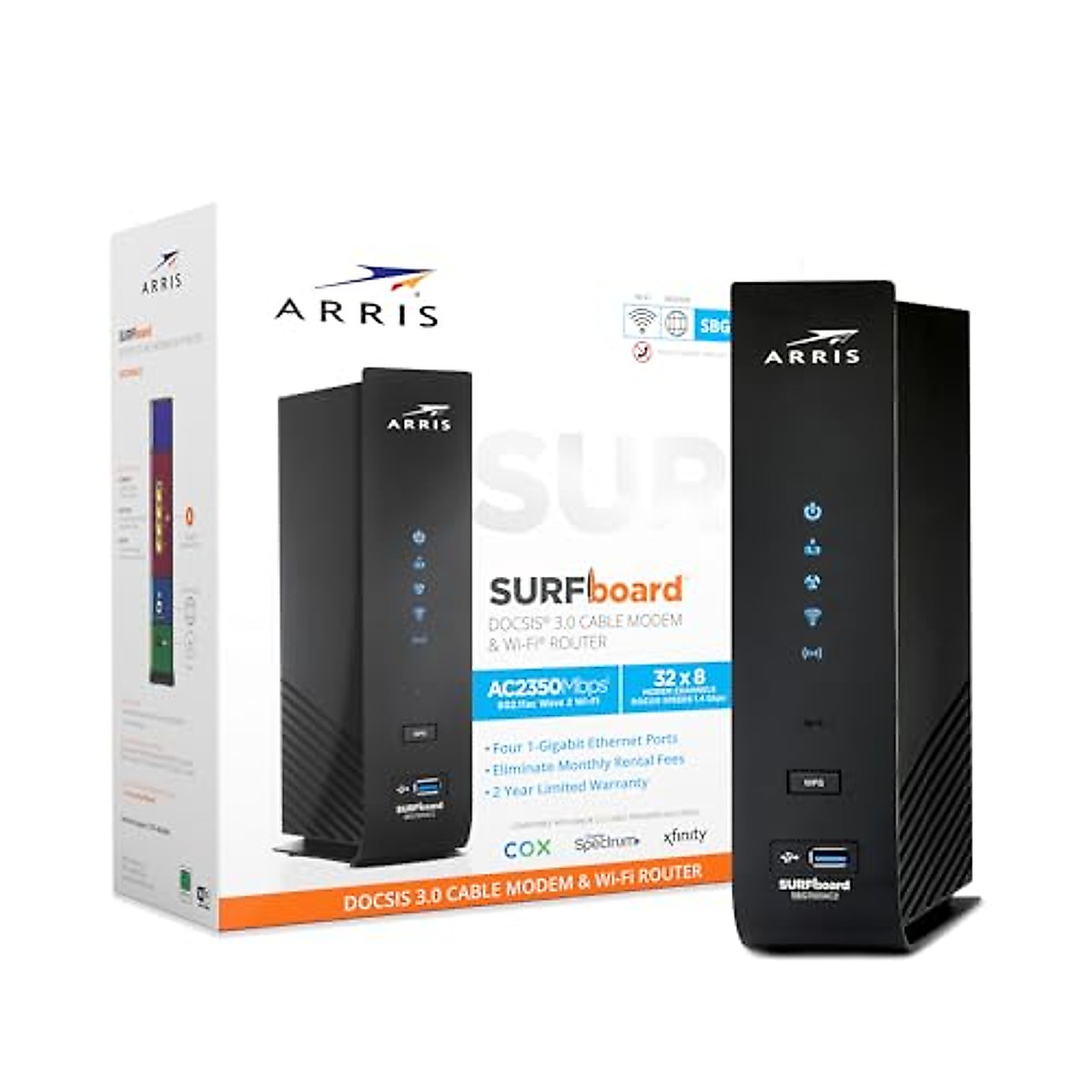 Arris (SBG7600AC2-RB) - Cable Modem Router Combo - Fast DOCSIS 3.0 & AC2350 WiFi,for Comcast Xfinity, Cox, Charter Spectrum & More, Four 1 Gbps Ports, 800 Mbps Max Internet Speeds - Renewed