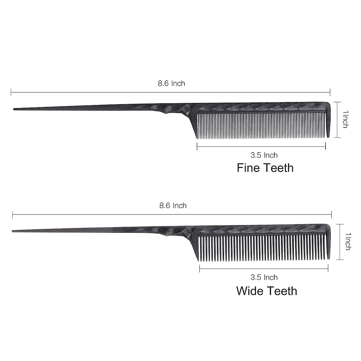 PERFEHAIR Heat Resistant Rat Tail Combs for Flat Iron Straightening, 2 Pieces Carbon Fiber Anti Static Styling Combs for Women, Fine and Wide Teeth, Black