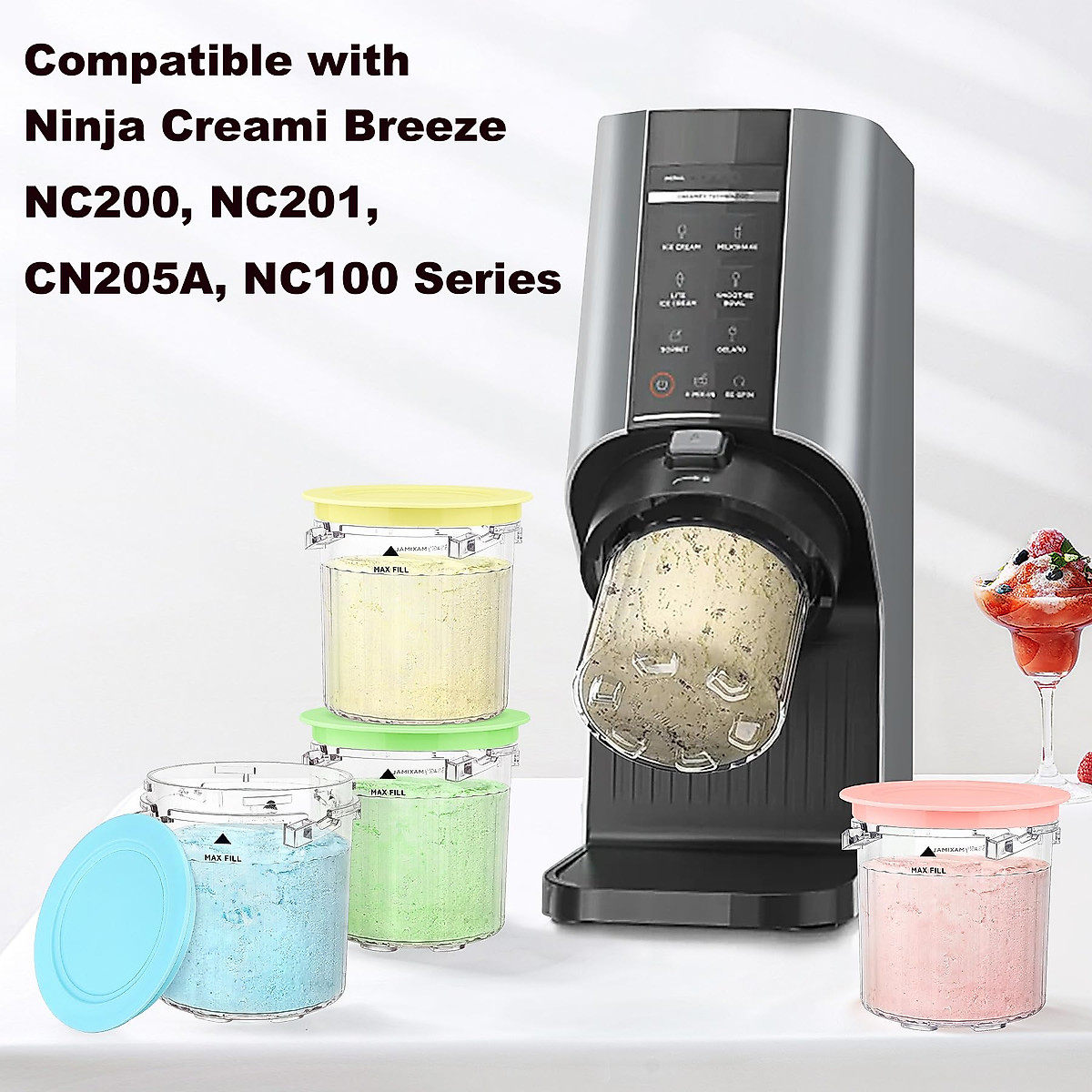 FIRJOY 16 oz. Containers | Extra Replacement Pints and Lids - Compatible with Ninja Creami Breeze NC200, NC201, CN205A, NC100 Series (4 Pack - Blue, Pink, Green, Yellow)