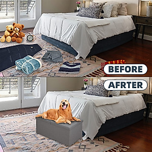 CAROLMADE 30 Inches Storage Ottoman Bench with Flipping Lid, Linen Foldable Storage Footrest, Ottoman with Storage for Living Room Holds up to 330lbs, Light Grey