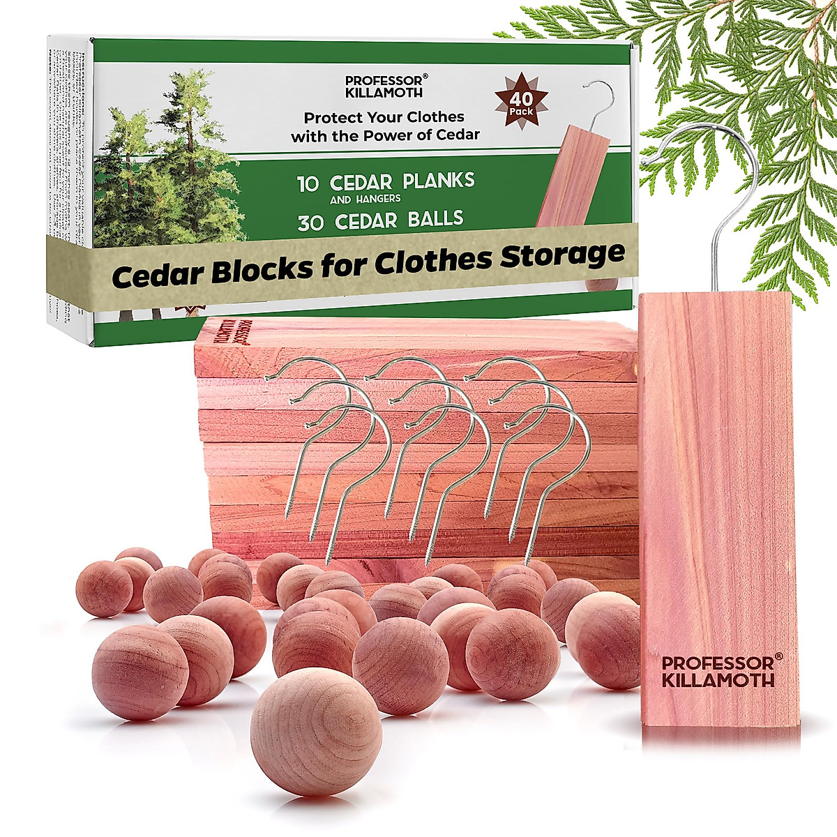 Cedar Blocks and Balls for Clothes Storage 40 Pack – Stop Clothes Damage - 10 Fresh Cedar Planks and Hangers Plus 30 Cedar Balls to Protect Your Clothes
