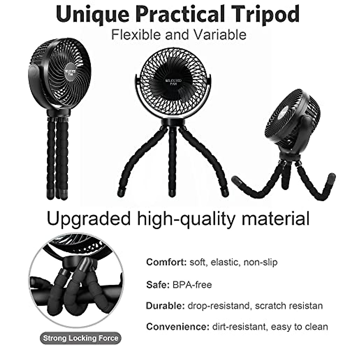 Stroller Fan, Use As Power Bank, 66H 10000mAh Battery Operated Fan, Personal Portable Fan, Baby Stroller Fan, with Flexible Tripod Clip on Student Bed Desk Bike Crib Treadmill Camping (Black)