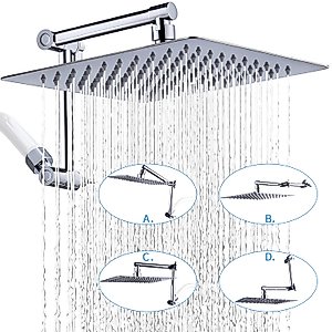 G-Promise Rain Shower Head with 13" Adjustable Extension Arm | High Pressure All Metal Rainfall Showerhead | 10" Luxury Modern Look Square Large Waterfall Showerhead (Chrome)