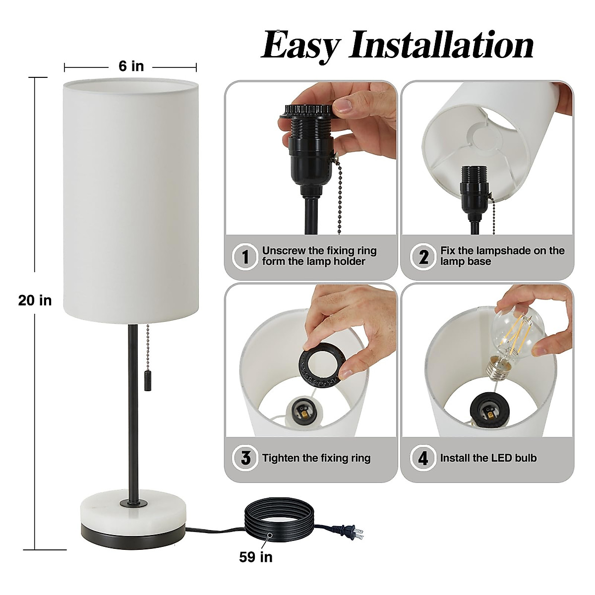 Luvkczc Minimalist Table Lamp Set of 2, Nightstand Lamp for Bedroom Living Room, Modern Pull Chain Bedside Lamp with Marble Base, Fabric Shade, Small Desk Lamp for Home, Office, Reading