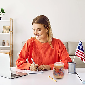 Whaline 2Pcs Patriotic Stemless Wine Glasses 17oz Red Blue Firework Drinking Glasses Firework Tumbler Cups Independence Day Party Cups for Celebration 4th of July Party Supplies Kitchen Decor Gifts