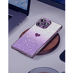 Tzomsze for iPhone 14 Pro Max Case Square [2 in 1] Clear &Glitter Cute Heart Pattern,Full Lens Protection & Electroplate Reinforced Corners Shockproof Edge Bumper Case [6.7 inches] -Purple