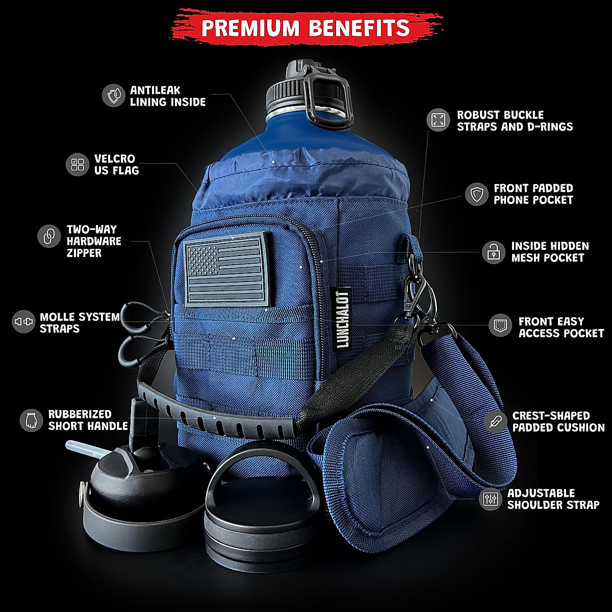 LUNCHALOT 1 Gallon Water Bottle Jug - 128 Oz Insulated Stainless Steel Metal Water Bottle with Holder - Carrying Bag - Spout Handle - Straw Lids - Keep Cold & Hot - Blue Tactical Flask