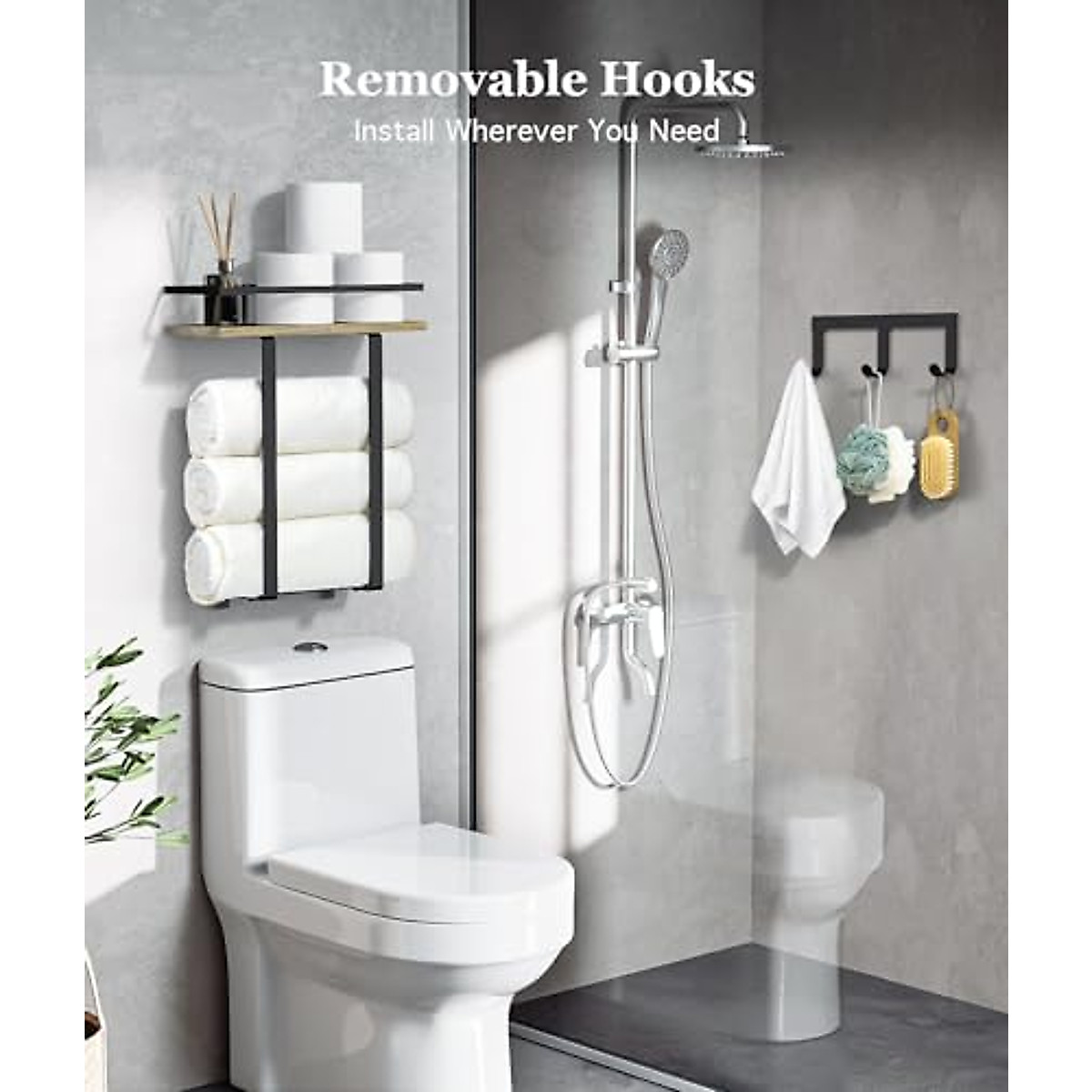 Luxspire Towel Racks Wall Mounted for Bathroom, Towel Holder Wall Mounted with Wooden Floating Shelf & 3 Metal Hooks, Rolled Bath Towel and Hand Towel Rack for Bathroom, Rustic Wooden