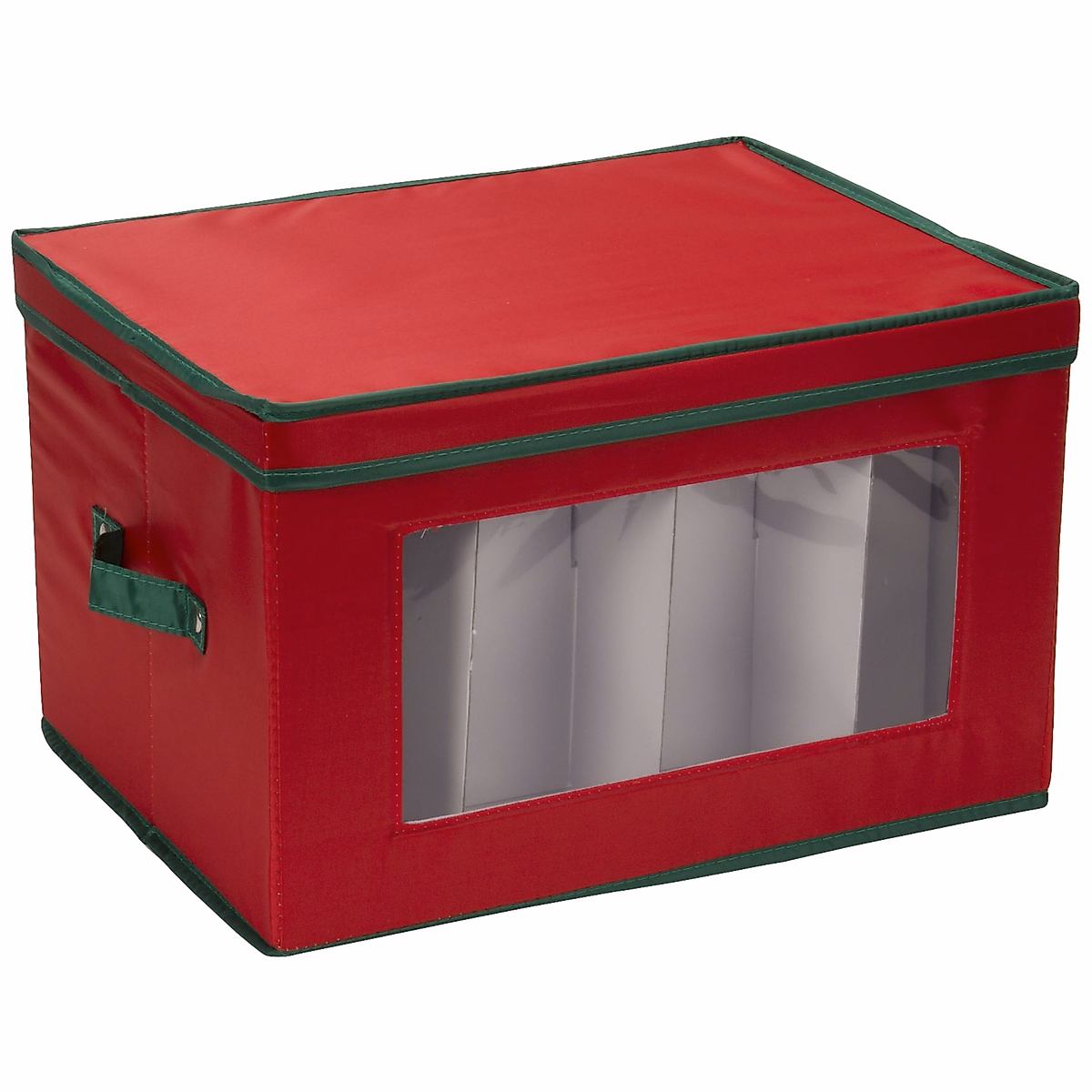 Household Essentials Stemware Storage Box with Lid and Handles | Champagne Glasses | Red Canvas with Green Trim