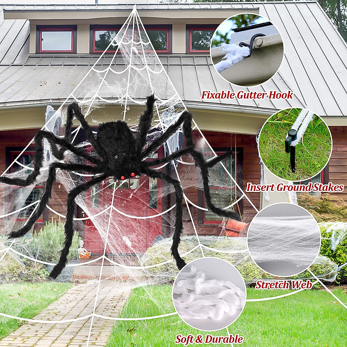 EZIGO Halloween Spider Decorations 3PCS Giant Spider Huge Spider Web Stretch Web Component of Huge Spider and Mega Spider Web Halloween Party Supplies Yard Halloween Outdoor Décor Haunted Decoration