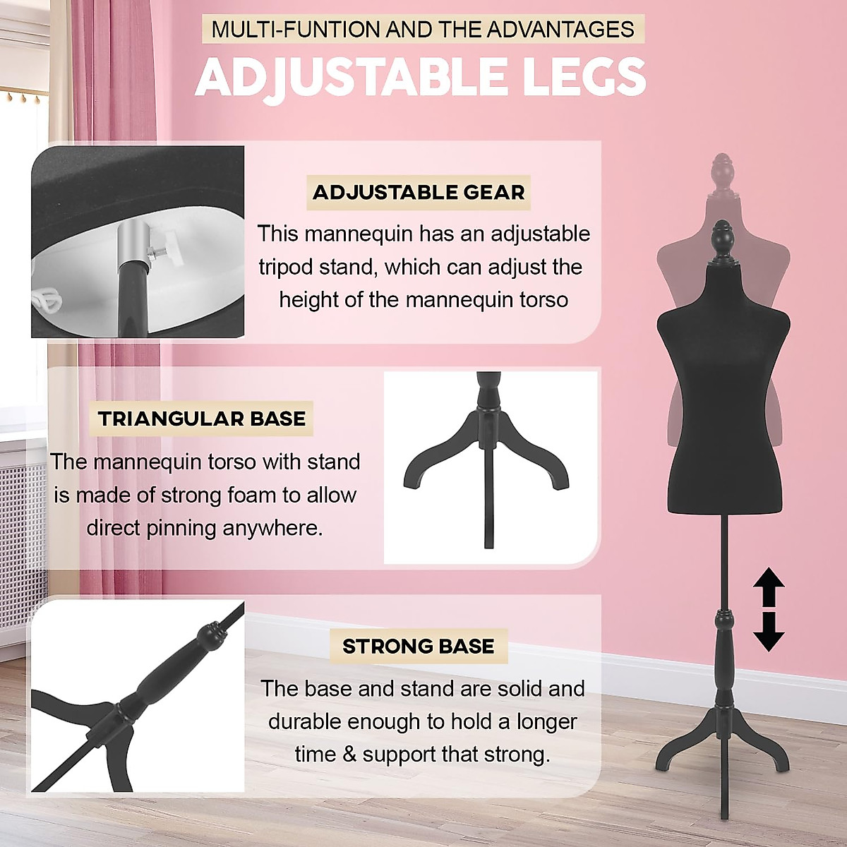 49.6"-63.7" Dress Form for Sewing Clothes Mannequin Stand Female Adjustable Manikin Body for Displays Women Jewelry Torso Model with Tripod Stand,Black