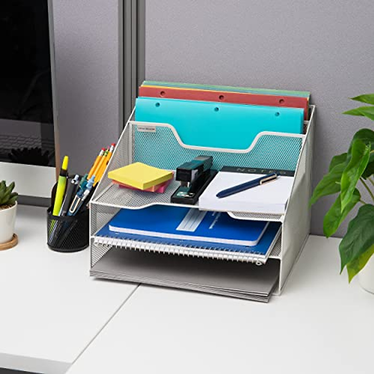 Mind Reader Network Collection, 3-Tier, 5-Compartment Desktop Organizer with 2 Vertical File Holders and 3 Horizontal Paper Trays, Desktop Organizer, Metal Mesh, White