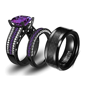 Two Rings His Hers Wedding Ring Sets Couples Matching Rings Women's 2pc Black Gold Filled Amethyst CZ Wedding Engagement Ring Bridal Sets Men's Tungsten Carbide Wedding Band