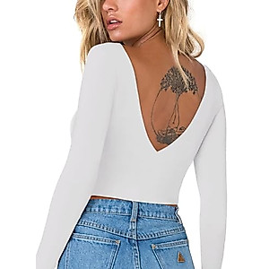 REORIA Womens Sexy Casual Plunge Deep V Neck Long Sleeve V Backless Double Lined T Shirts Fall Trendy Going Out Fitted Crop Tops Tees White Large