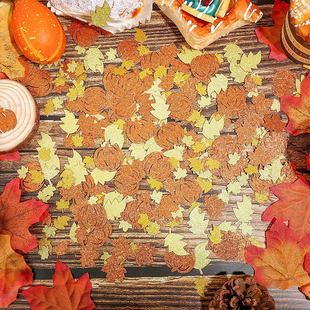 300 Pcs Fall Glitter Maple Leaf Pumpkin Party Table Confetti Autumn Harvest Thanksgiving Table Scatter for Fall Party Birthday Bridal Shower Decor