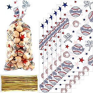 Chuangdi 100 Pack Baseball Party Cello Bags Cellophane Bag for Birthday Party Supplies Favors Party Supply Bags Goody Favor Bags (Star Style)