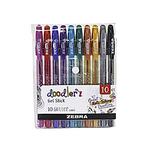 Zebra Pen Doodlerz Gel Stick Pen, Bold Point, 1.0mm, Assorted Glitter Colors, 10 Pack