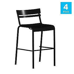 Flash Furniture Nash Commercial Grade Steel Stack Stool, Indoor-Outdoor Bar Stool with 2 Slat Back, Set of 4, Black