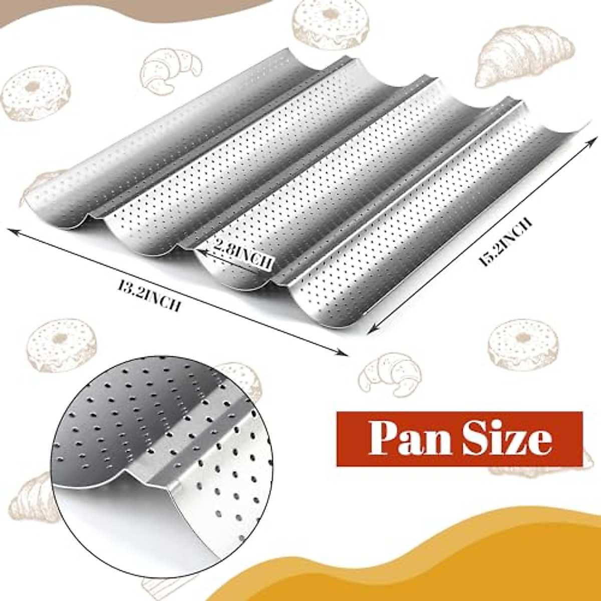 Mifoci 6 Pcs Non Stick Baguette Pan 15" x 13" Bread Pan Carbon Steel Mold Perforated 4 Wave Loaves Loaf Oven Tray for Sourdough French Bread Baking(Silver)