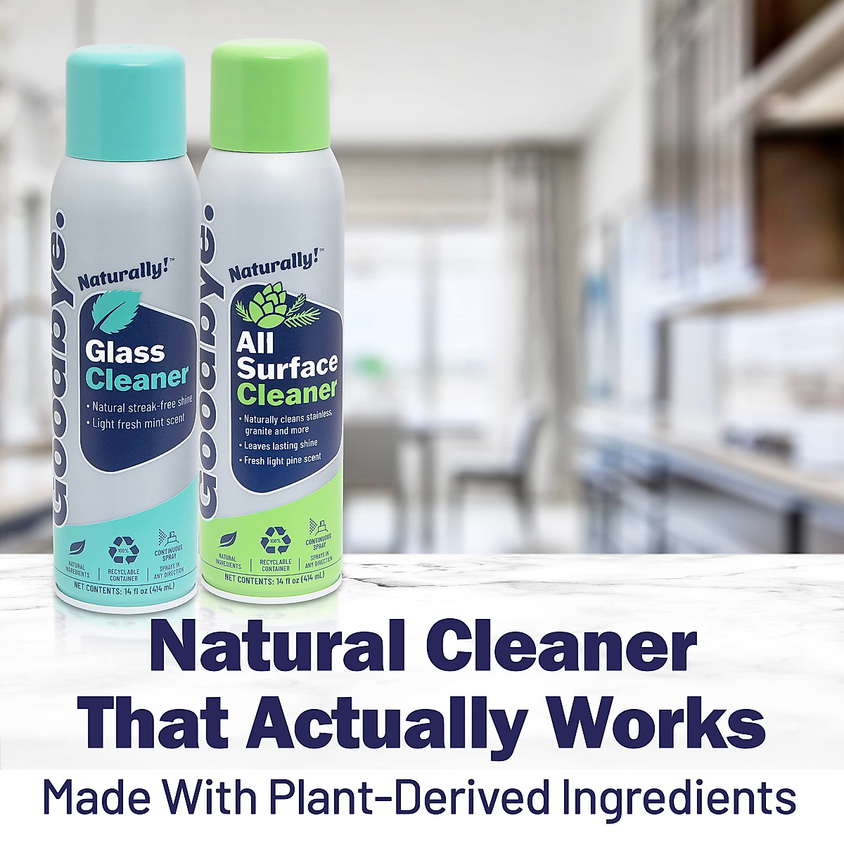 Goodbye Naturally Glass Cleaner and All Surface Cleaner, Safe and Effective All Natural Cleaning Products, 14 oz Continuous Spray Cans, 2 Pack